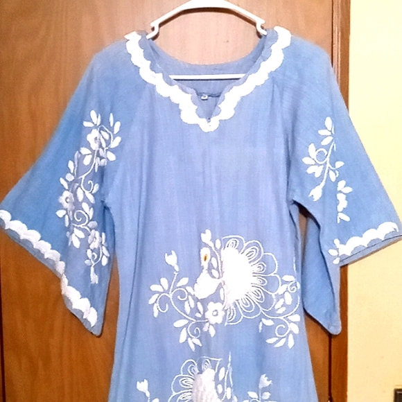 Dresses | Womens Denim Embroidered Caftan With Beautiful Peacocks ...